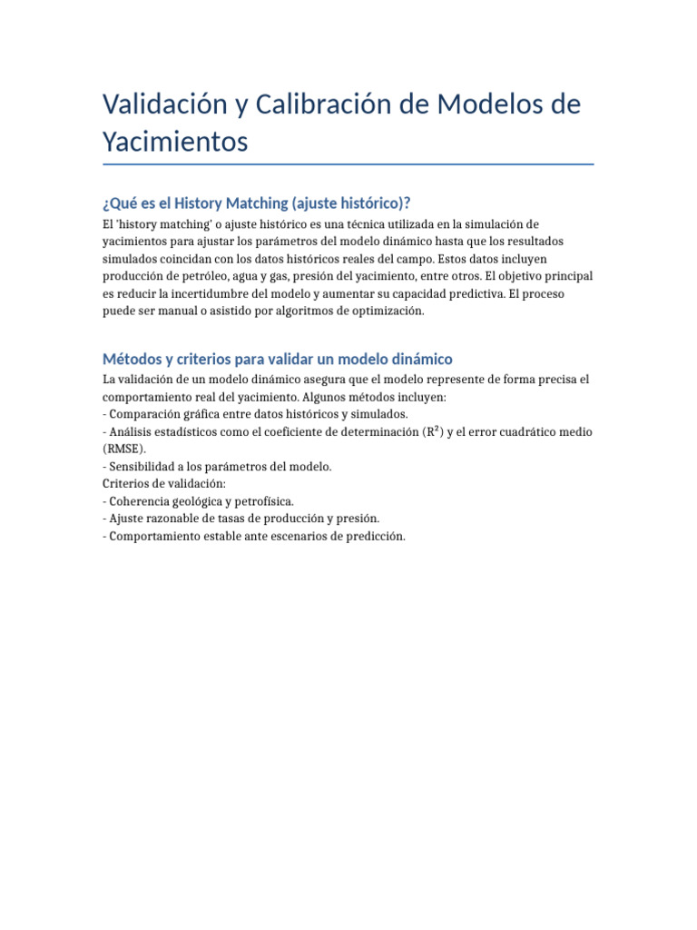 Informe Validacion Calibracion Yacimientos | PDF