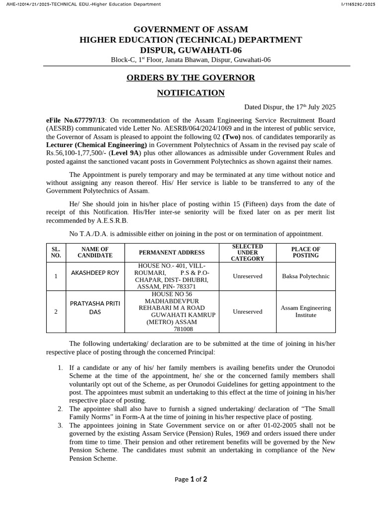 Assam Lecturer Appointment Notification | PDF
