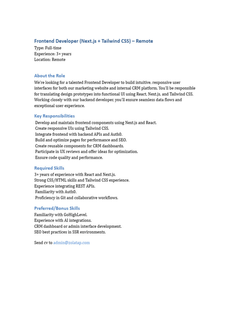 Frontend Developer (Next - Js + Tailwind CSS) | PDF