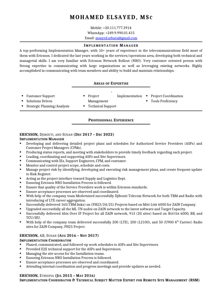 Experienced Implementation Manager Resume | PDF | Ericsson ...