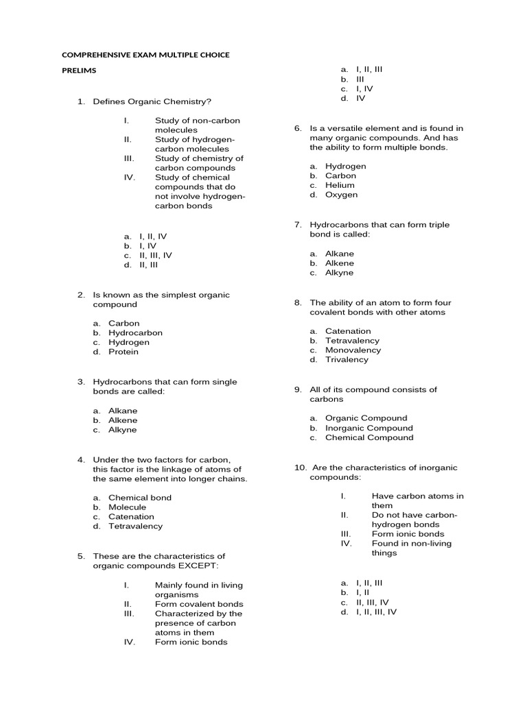 Organic Chemistry Multiple Choice Quiz | PDF | Chemical Bond | Chemical ...