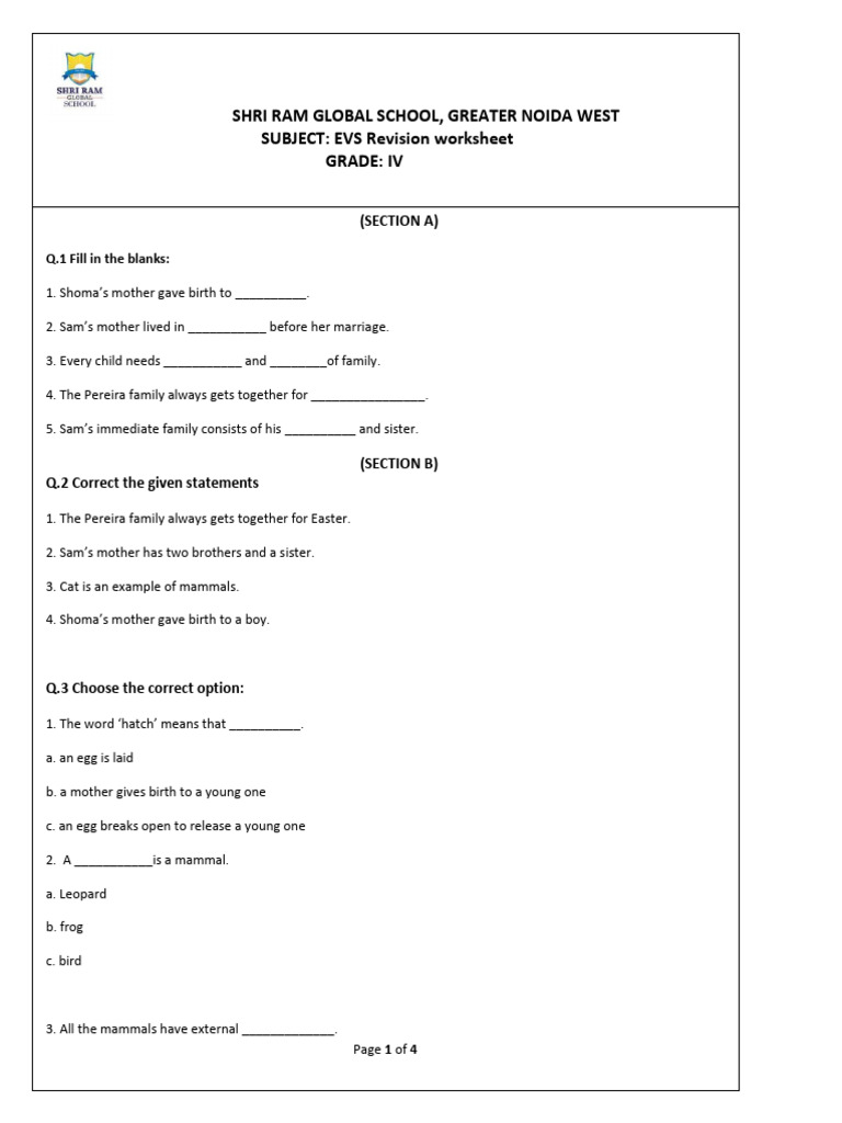 EVS Revision Worksheet for Grade IV | PDF | Zoology