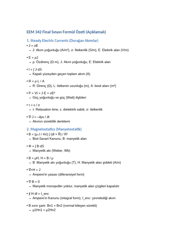 EEM342 Final Formul Ozeti Aciklamali | PDF