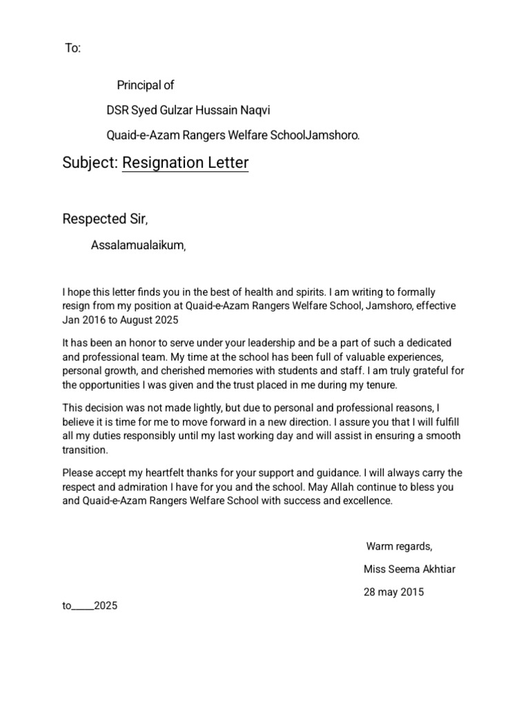 Resignation Letter from Miss Seema Akhtiar | PDF
