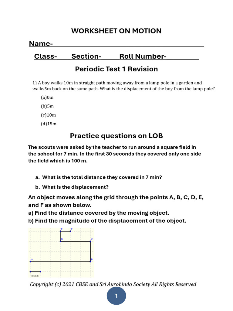 Worksheet On Motion (Revised) 2025-26 | PDF