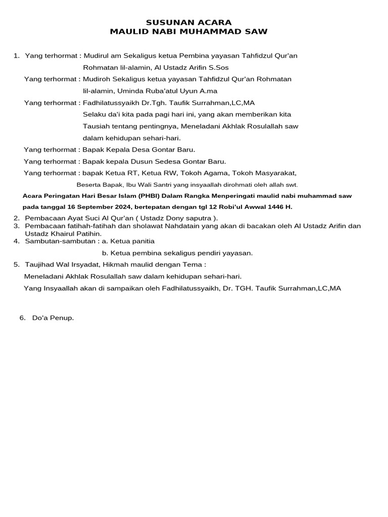 Susunan Acara Maulid Nabi 2024 | PDF