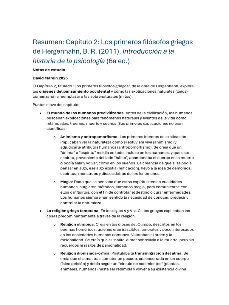 Historia Psicología Hergenhahn Cap 2 Resumen | PDF | Conocimiento | Platón