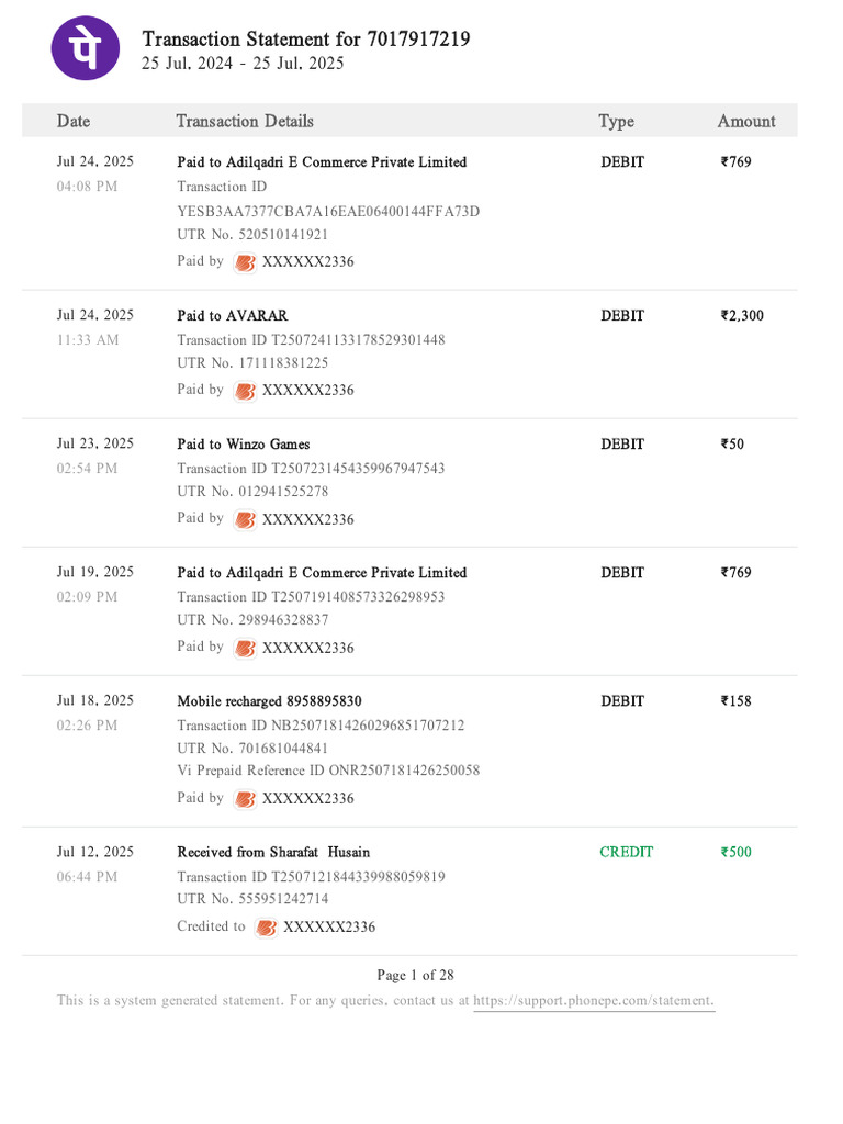 PhonePe Statement Jul2024 Jul2025 | PDF | Debit Card | Debits And Credits