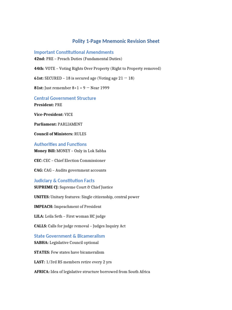 Polity 1 Page Mnemonic Revision | PDF