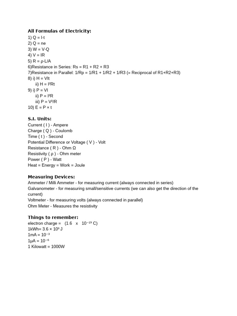 Electricity Formulas and Units Guide | PDF