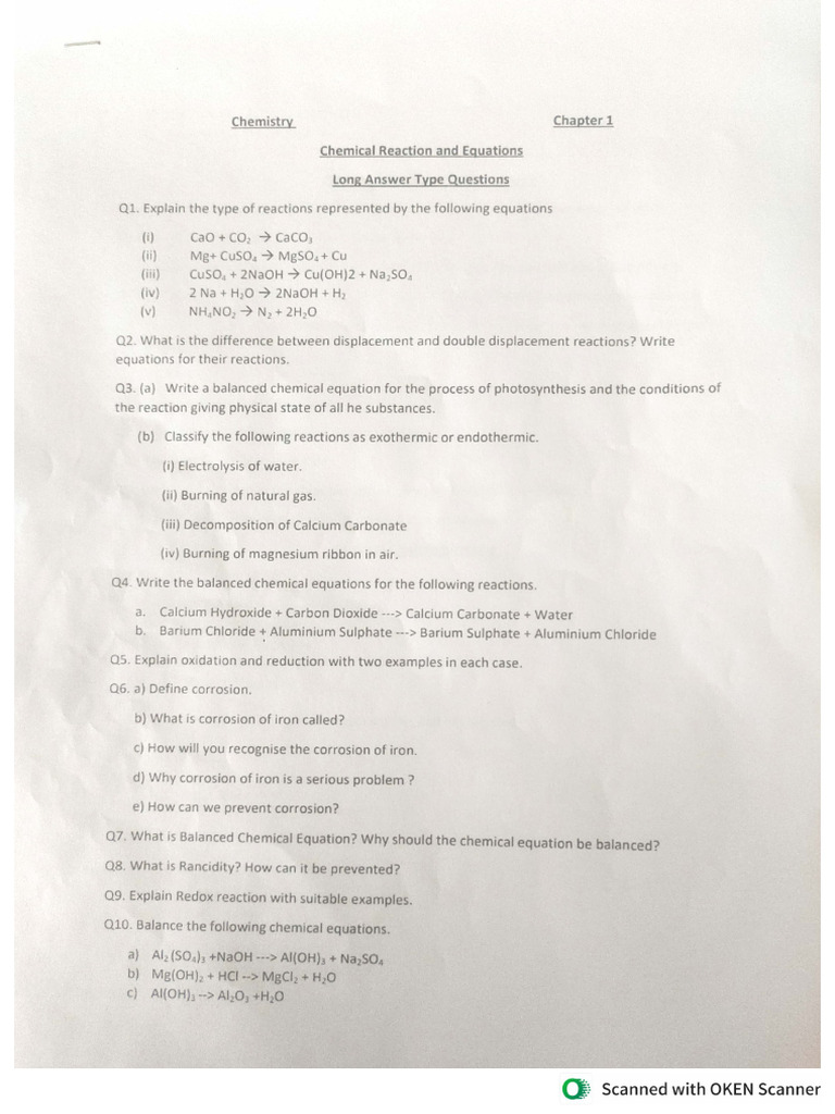 Class 10 Chemistry (Work Sheet) | PDF