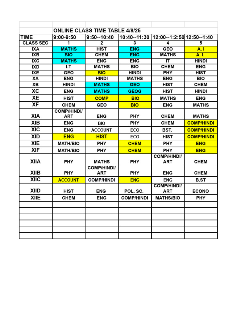 Updated Class Wise Time Table 2025-26 NEW - xlsx-1 | PDF