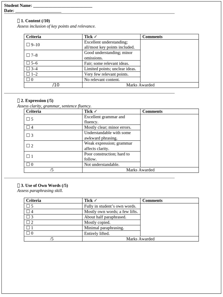 Summary Rubric | PDF | Linguistics | Grammar