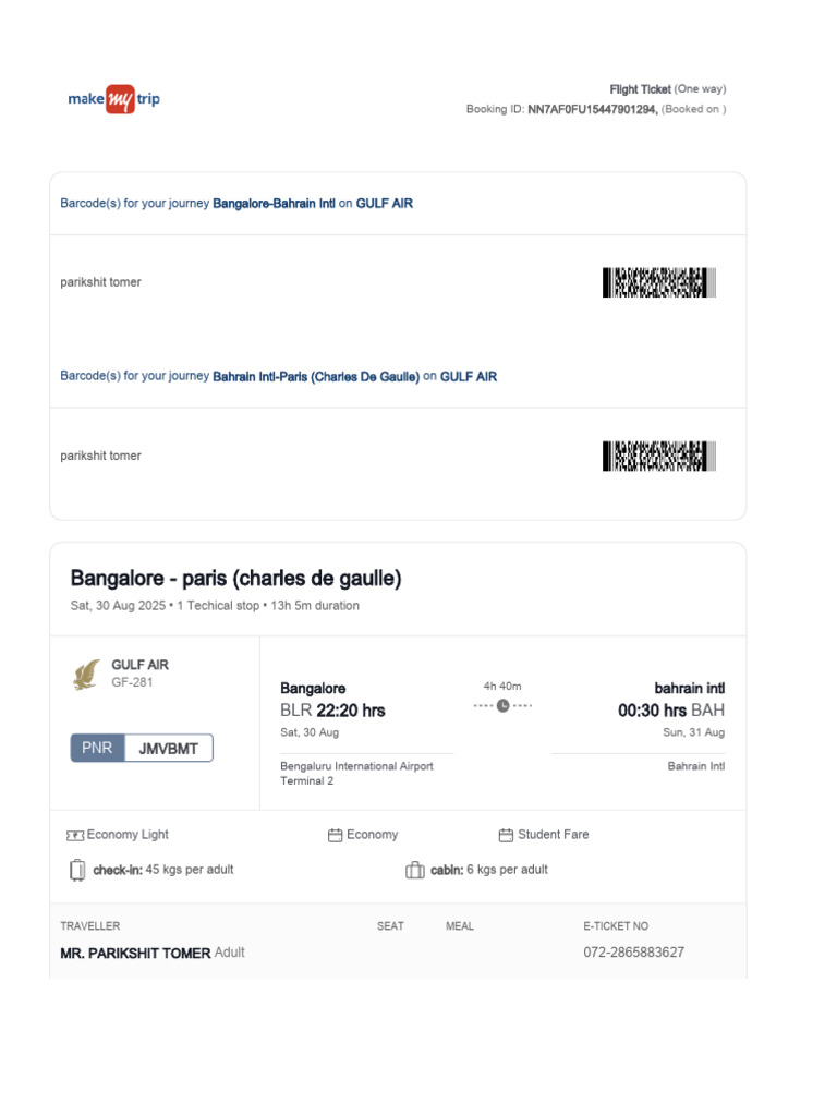 NN7AF0FU15447901294.ETicket | PDF | Travel Visa | Identity Document