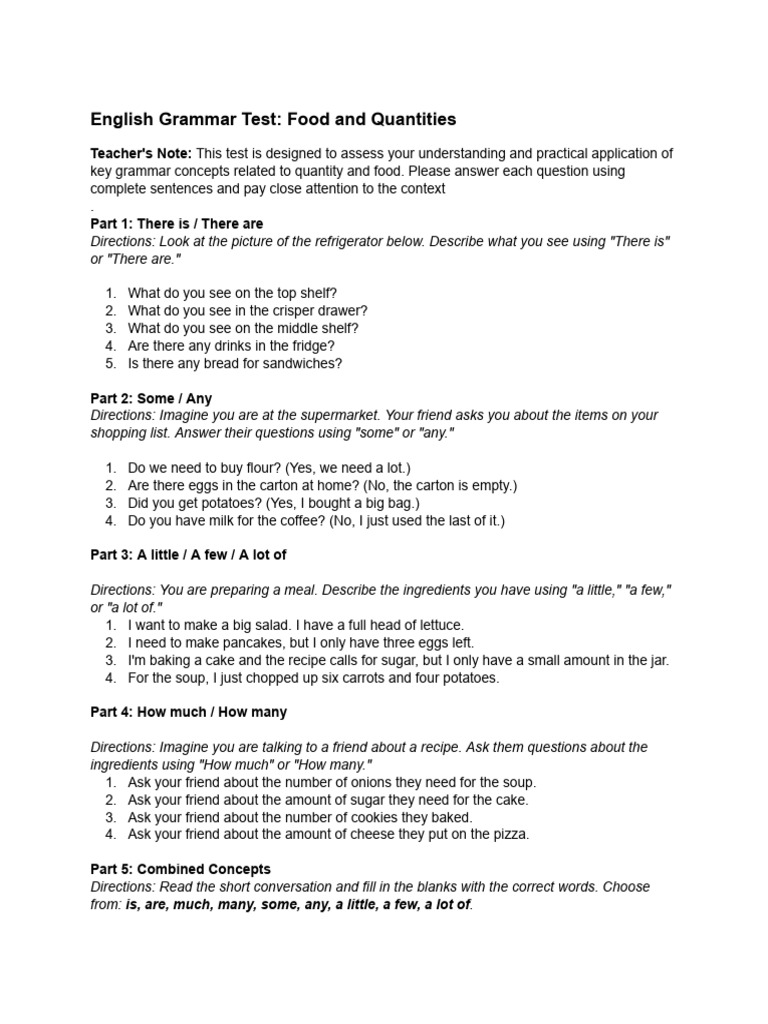 English Grammar Test: Food Quantities | PDF | Pasta | Cakes