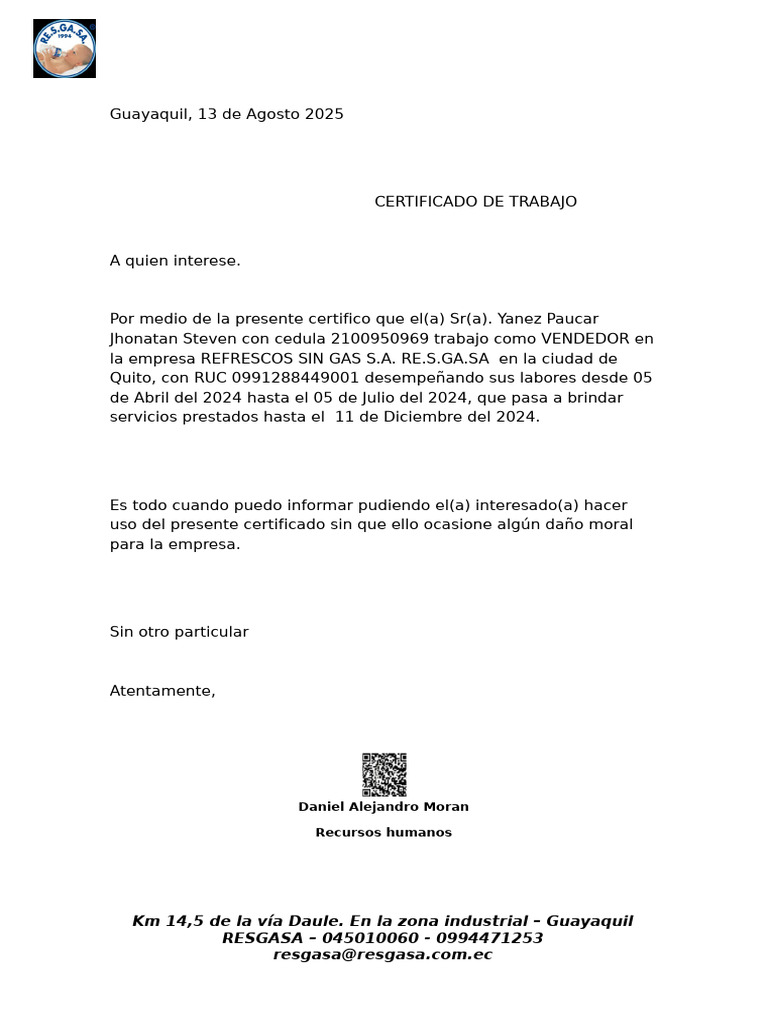 Certificado de Trabajo de Resgasa | PDF