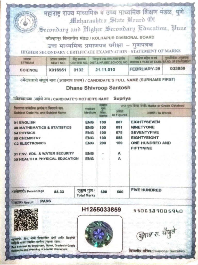 12th Marksheet Compressed | PDF