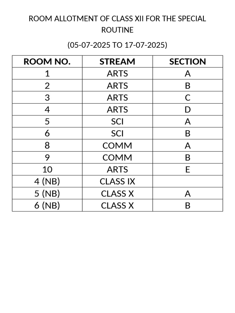 Room Allotment of Class Xii For The Special Routine | PDF