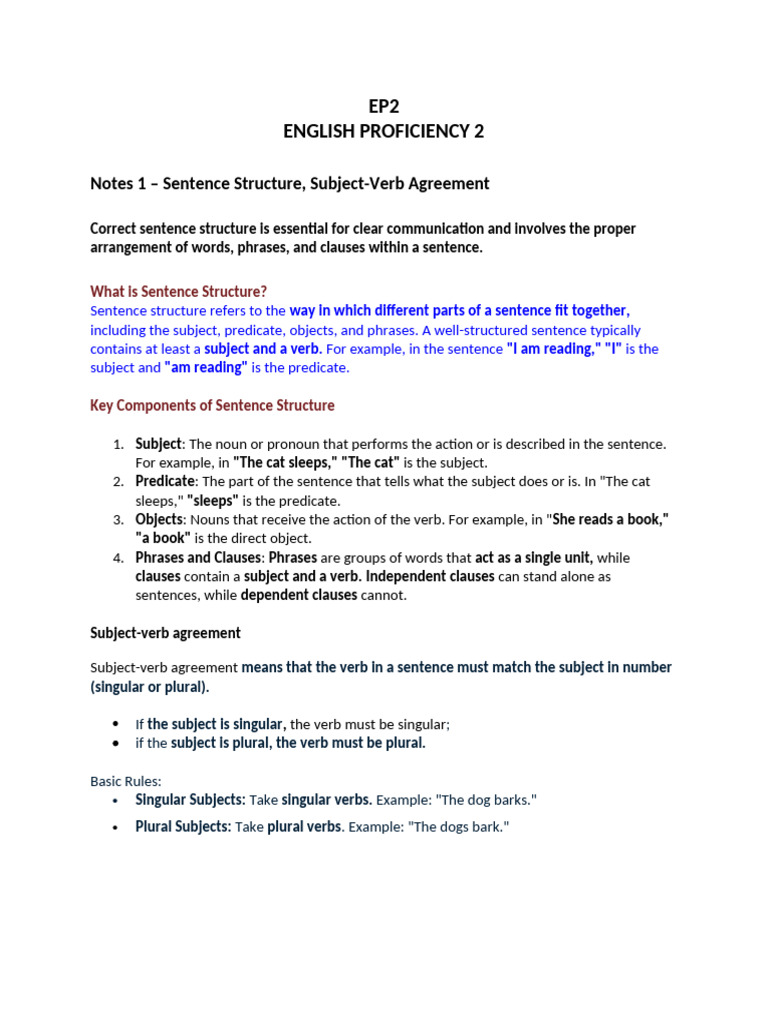 Ep2 Notes 1 Sentence Structure S V Agreement | PDF | Grammatical Number ...
