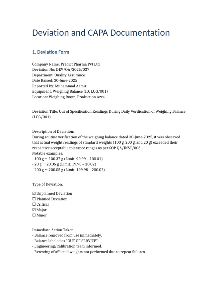 Weighing Balance Deviation Report 2025 | PDF | Calibration