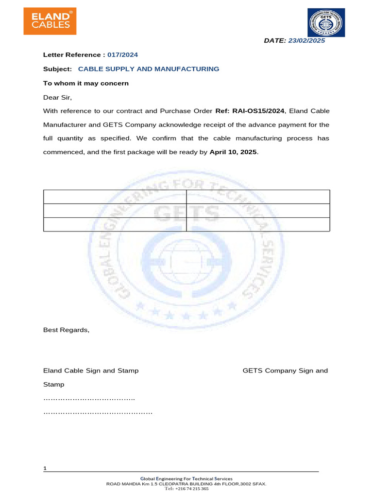 LETTER Cable Supply Rev 01 | PDF