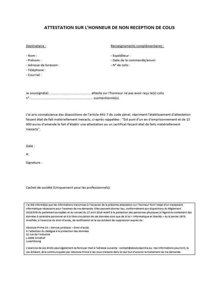 Attestation de non réception de colis | PDF