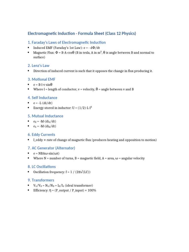 Class 12 Electromagnetic Induction Formulas | PDF