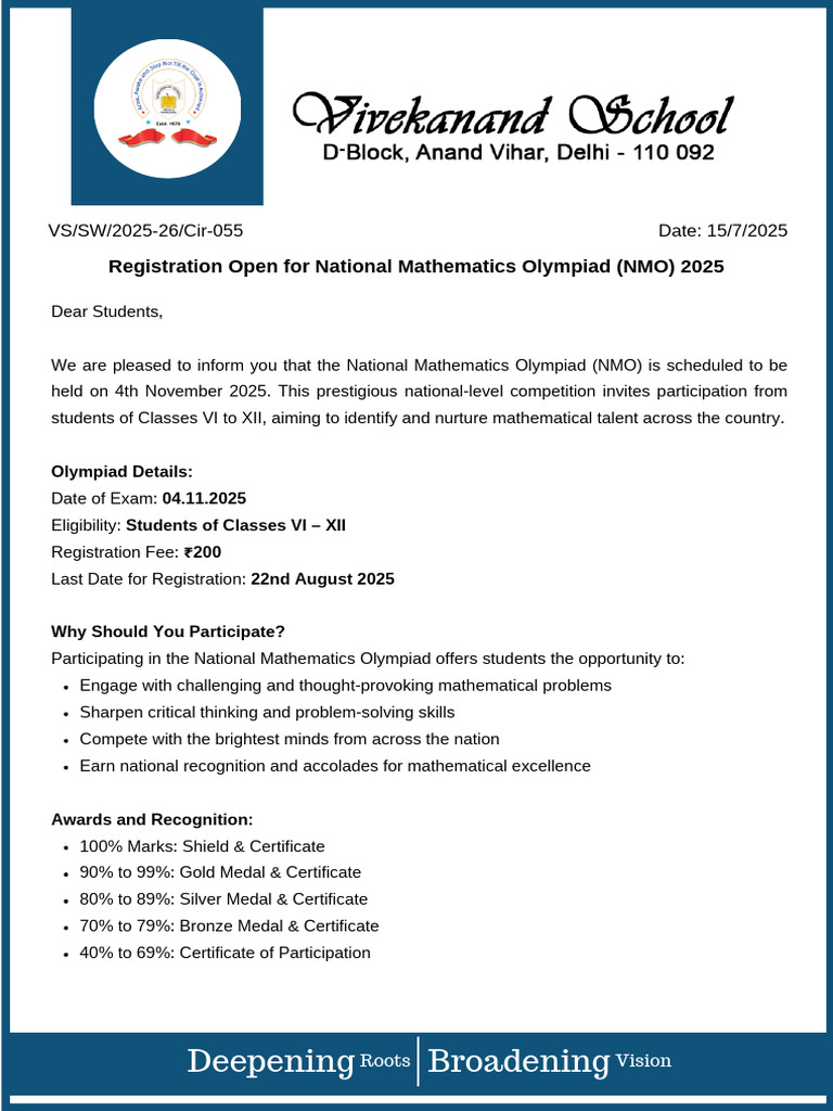 Registration Open For National Mathematics Olympiad (NMO) 2025 | PDF