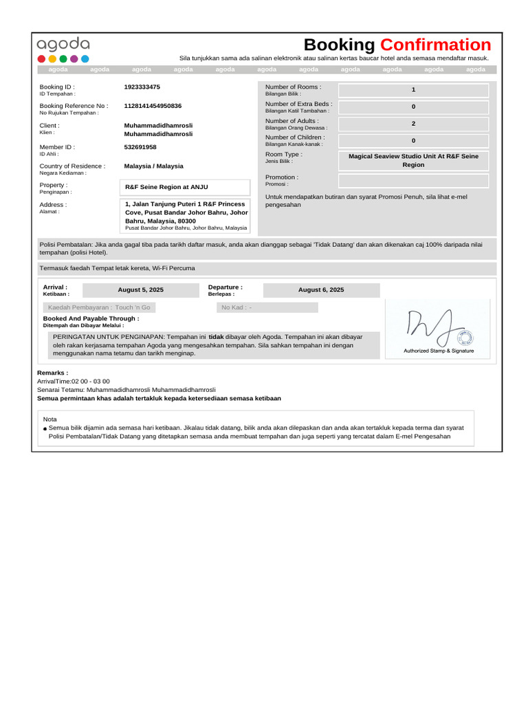 Confirmation for Booking ID # 1923333475 | PDF