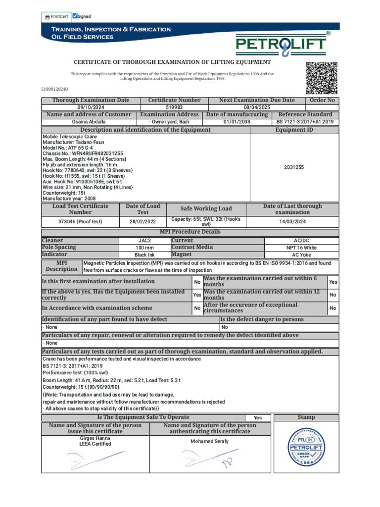Mobile Crane Thorough Examination Certificate | PDF | Crane (Machine ...