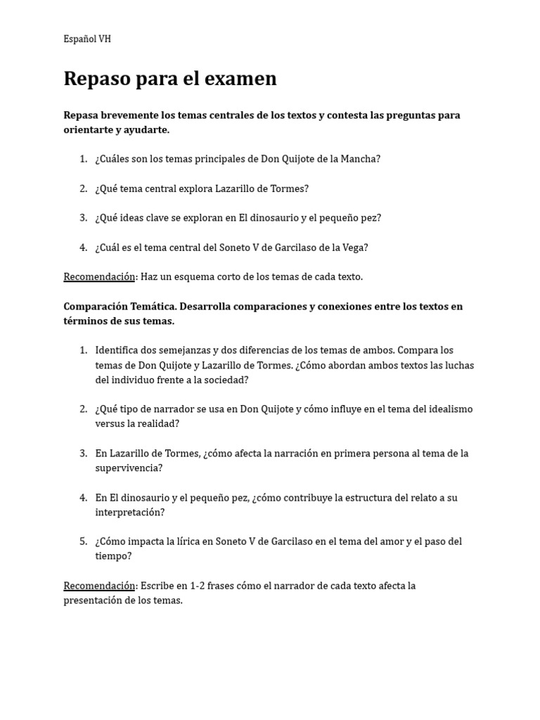 EXAM PREP Repaso para El Examen | PDF | Don Quijote