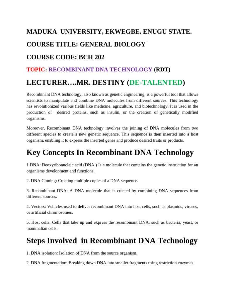 Overview of Recombinant DNA Technology | PDF | Recombinant Dna ...