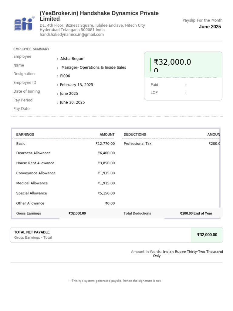 Afsha Payslip PI006 Jun 25 | PDF | Paycheck | Public Finance