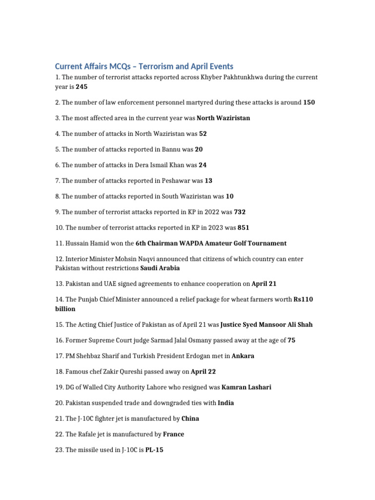 Terrorism and April Events MCQs | PDF