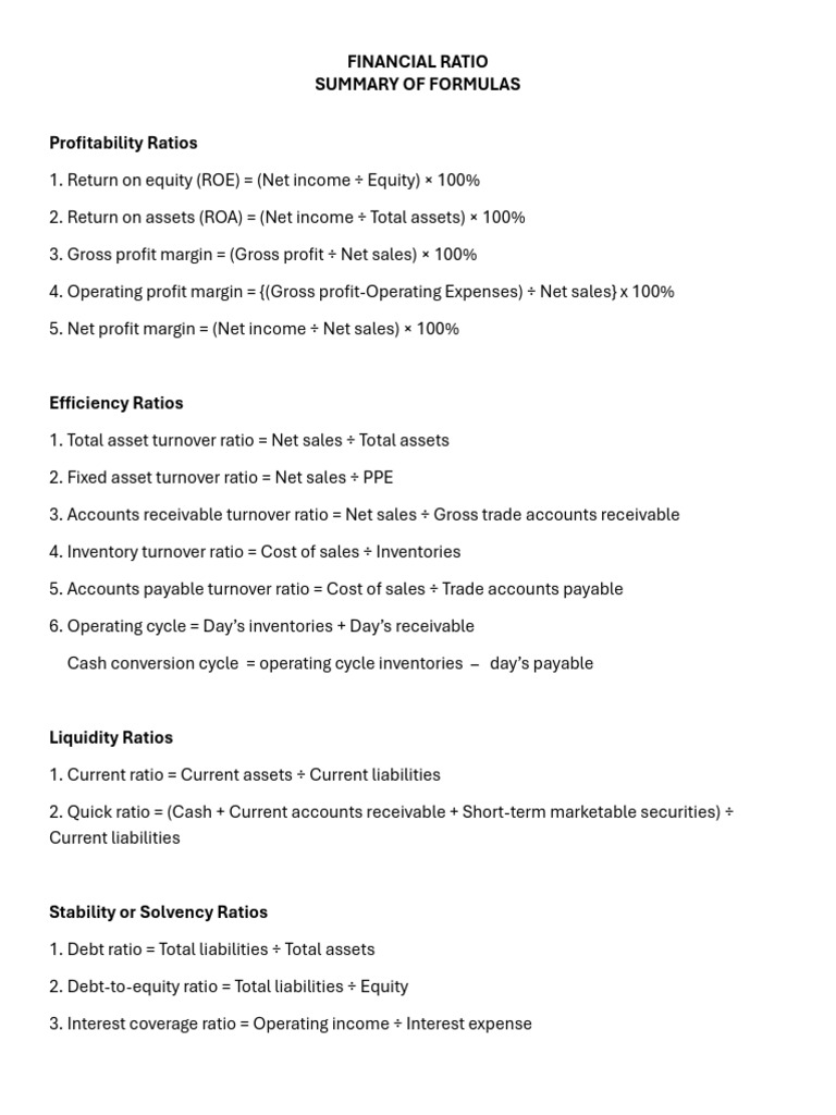 Financial Ratio Formulas | PDF