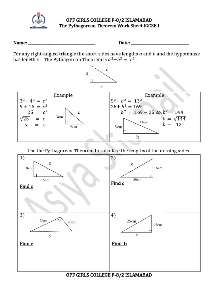 The Pythagorean Theorem Work Sheet 1 | PDF