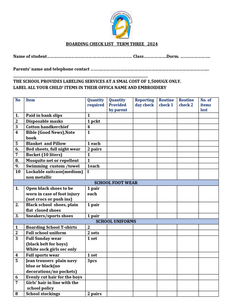 Boarding Checklist for Term 3, 2024 | PDF | Clothing | Fashion