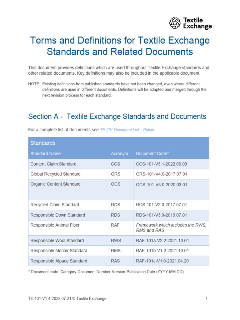 Textile Exchange Standards Definitions | PDF | Audit | Certification