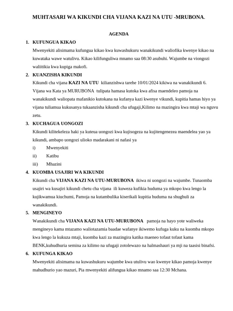 Muhtasari Wa Kikundi Cha Vijana Kazi Na Utu Murubona - 101010 | PDF