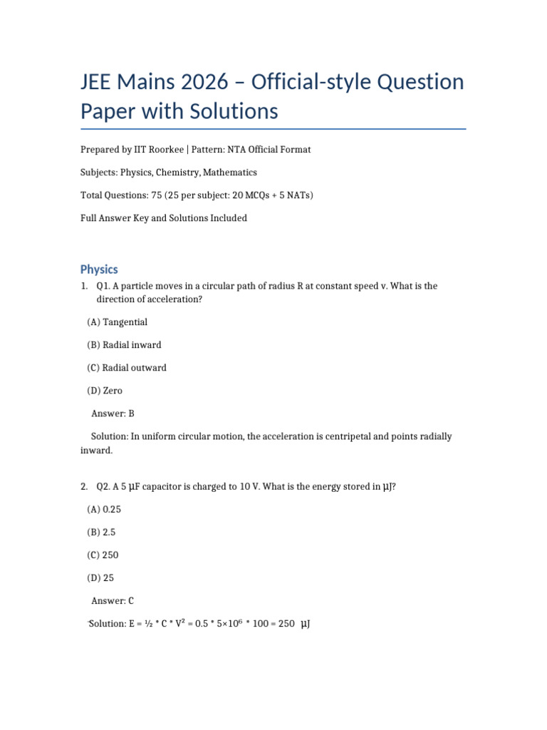 JEE Mains 2026 Official Question Paper IIT Roorkee Format | PDF