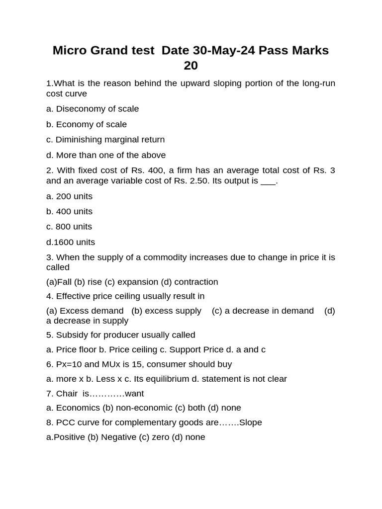 New Grand Test Micro | PDF | Supply (Economics) | Average Cost