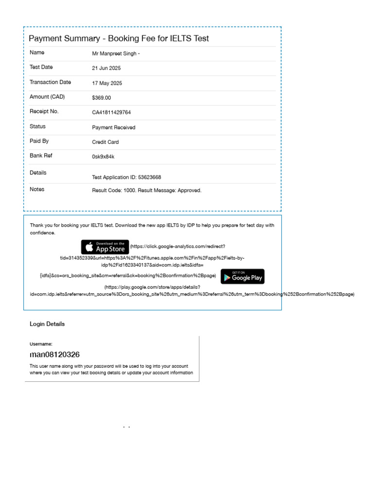IELTS Test Booking Payment Summary | PDF