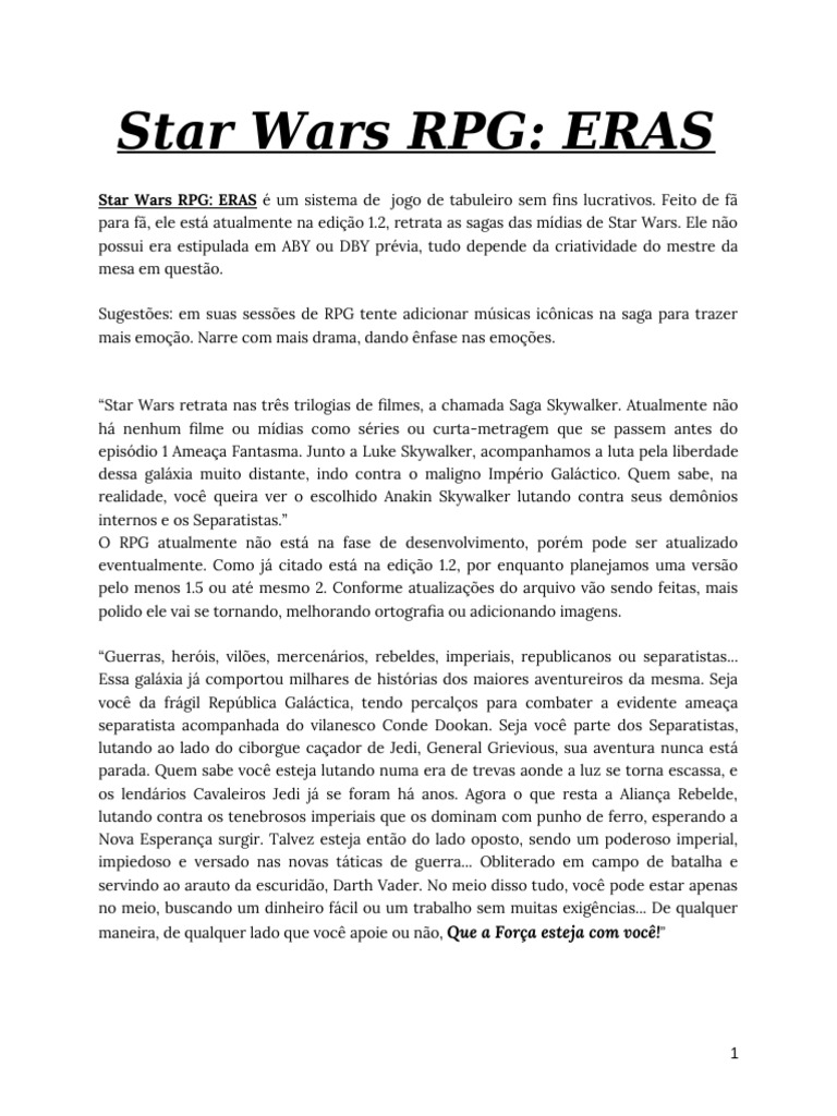 RPG Star Wars: Eras e Dinâmicas de Jogo | PDF | Jedi | Império ...