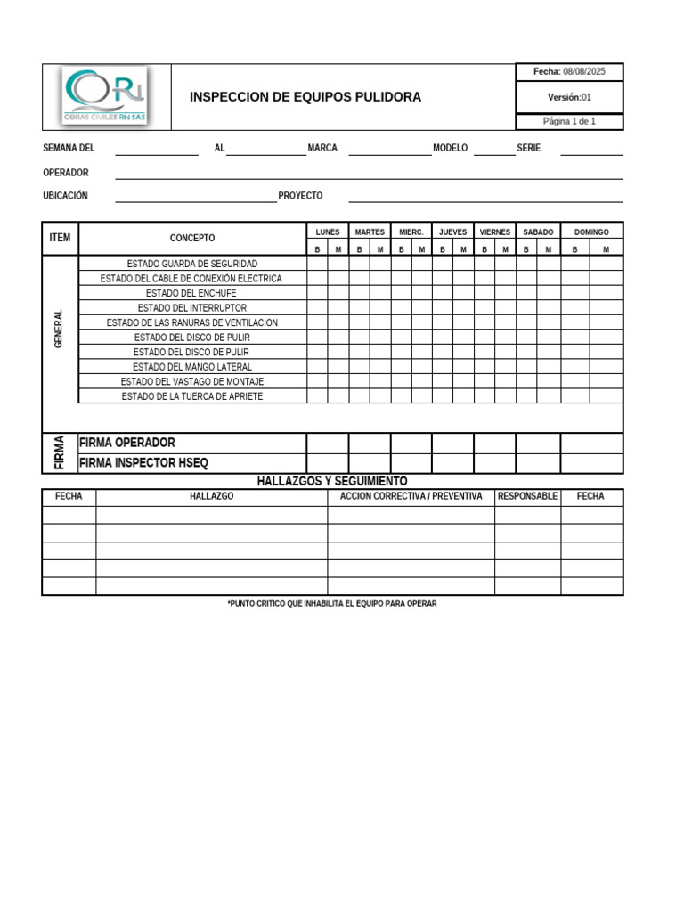 Preoperacional Pulidora | PDF