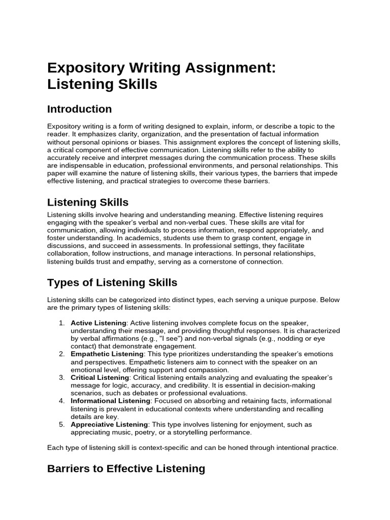 Expository Writing Assignment - Listening Skills | PDF | Communication ...
