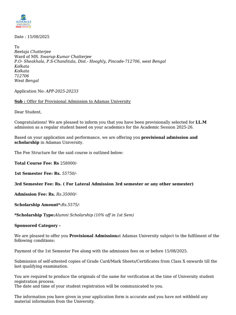 Offer Letter APP-2025-20233 | PDF | Payments