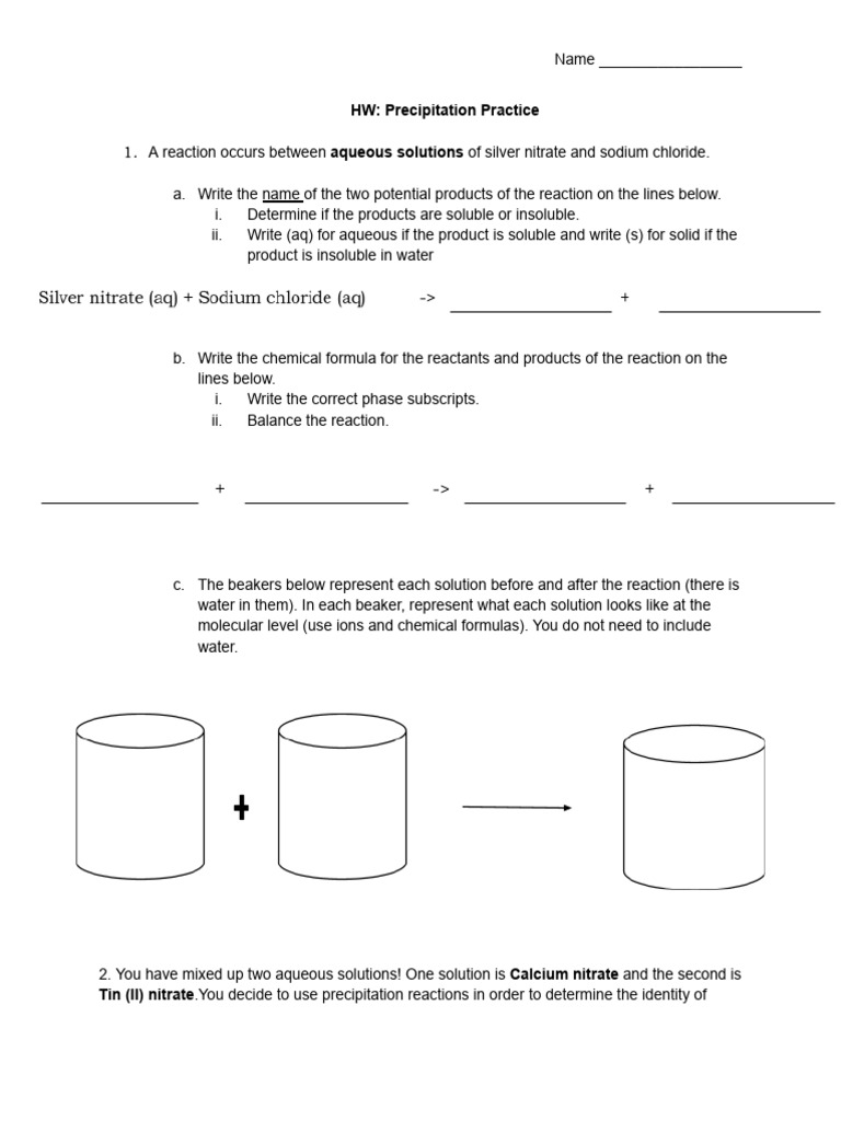 Precipitation Reactions Practice Worksheet | PDF | Precipitation ...
