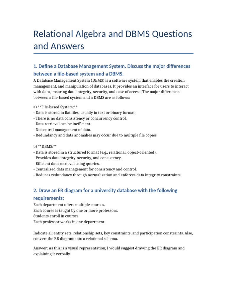 All Questions Answers DBMS Relational Algebra | PDF | Databases | Computing