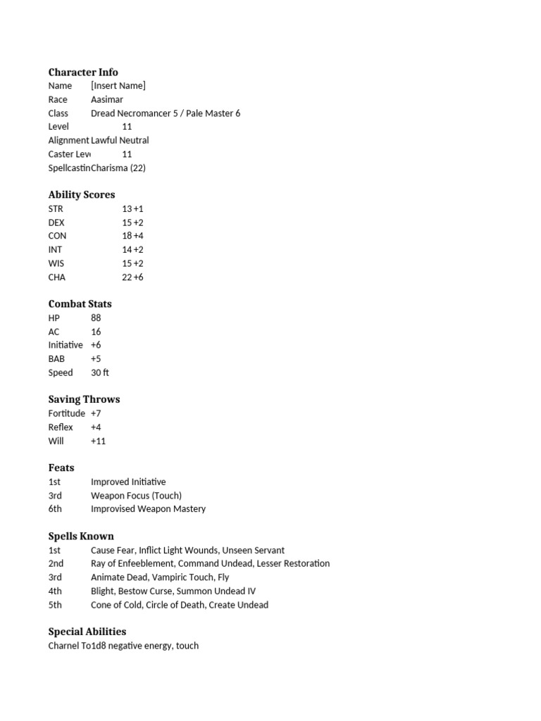 Aasimar Necromancer Character Sheet | PDF
