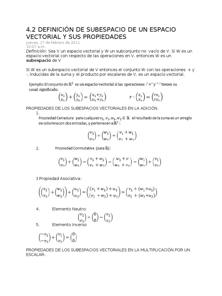 4.2 Definición de Subespacio de Un Espacio Vectorial y Sus Propiedades | PDF | Métodos y ...